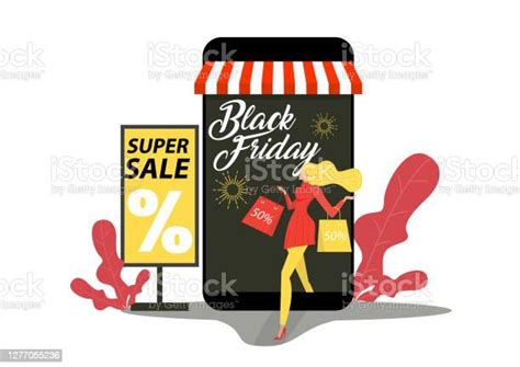 할인 온라인 쇼핑 여자 행복 상점 에 스마트폰 에 블랙 프라이데이 숍 플랫 벡터 일러스트 개념에 대한 스톡 벡터 아트 및 기타 이미지 Istock