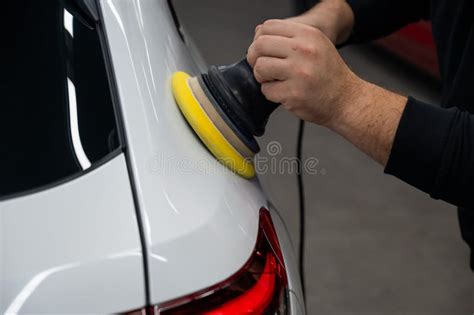 Process Of Polishing White Car Body Surface Using Orbital Polishing Machine Stock Image Image