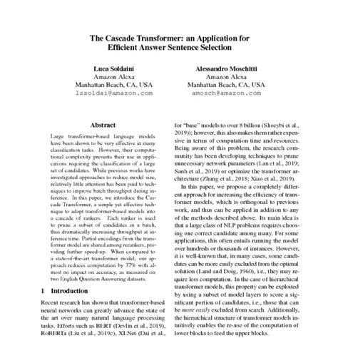 The Cascade Transformer An Application For Efficient Answer Sentence Selection Acl Anthology