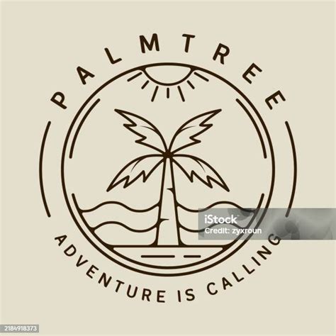 야자수와 바다 파도 라인 아트 로고 벡터 간단한 미니멀리스트 일러스트 템플릿 아이콘 그래픽 디자인 코코넛 나무와 바다 파도 기호 또는 서클 배지 타이포그래피를 가진 여행사