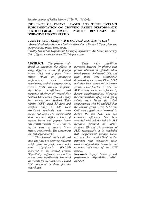 Pdf Influence Of Papaya Leaves And Their Extract Supplementation On Growing Rabbit Performance