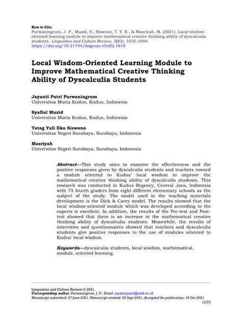 Pdf Local Wisdom Oriented Learning Module To Improve Mathematical Creative Thinking Ability Of