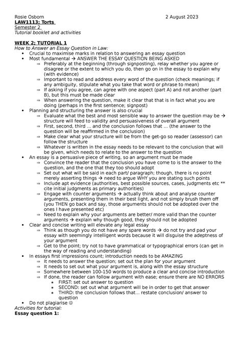 Torts Tutorial Notes And Activities Rosie Osborn August LAW Torts Semester