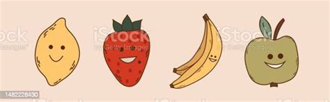 복고풍 빈티지 귀여운 과일 사과 바나나 레몬 딸기 세트 흰색 배경에 격리된 웃는 과일 캐릭터 만화 손으로 그린 스타일의 벡터 그림 0명에 대한 스톡 벡터 아트 및 기타