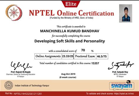 Manchinella Kumud Bandhav On Linkedin Nptel Developing Soft Skills And Personality Certificate