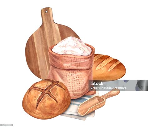 빵집과 과자 가게 빵을 위한 수채화 배너 호밀 빵 밀가루 밀 바게트 및 도마 디자인 배경 레스토랑 메뉴 요소 레시피 요리 책 개체 그룹에 대한 스톡 벡터 아트 및 기타
