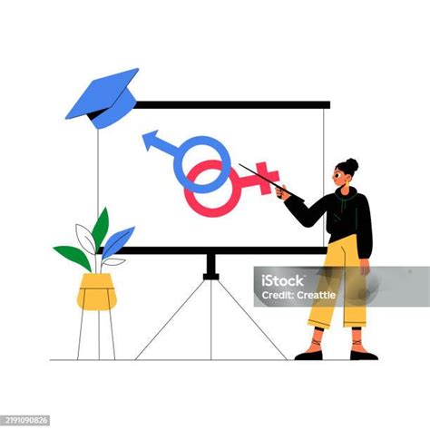 교육 인식 및 사회 정의를 상징하는 평면 벡터 일러스트 레이 션에서 성 평등 기호를 제시하는 여성 교육자 흰색 배경에 고립 된 경영자에 대한 스톡 벡터 아트 및 기타 이미지