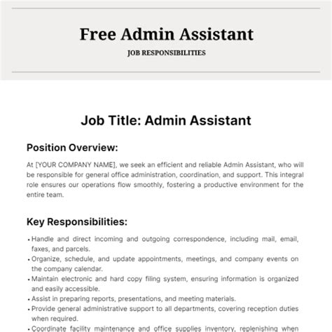 Free Admin Assistant Job Responsibilities Template To Edit Online