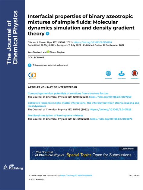 Pdf Interfacial Properties Of Binary Azeotropic Mixtures Of Simple Fluids Molecular Dynamics