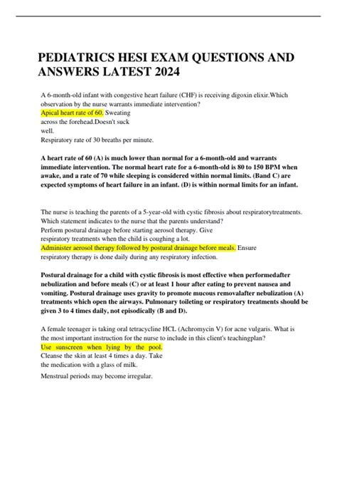 Pediatrics Hesi Exam Questions And Answers Latest 2024 Pediatrics