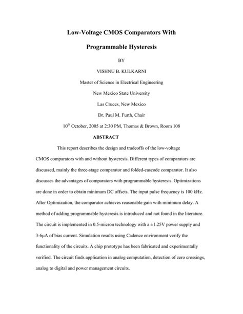 Low Voltage Cmos Comparators With Hysteresis Design