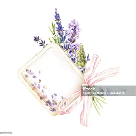 수채화 그림입니다 라벤더 꽃 비누 흰색 배경에 격리되어 있습니다 보라색 허브가 들어간 베이지색 비누의 단단한 막대 천연 화장품