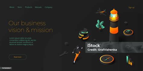 아이소메트릭 디자인의 비즈니스 비전 과 미션 벡터 일러스트레이션 등대와 실행 여성과 전략 및 기업 목표 개념 웹 배너 레이아웃입니다 기회에 대한 스톡 벡터 아트 및 기타