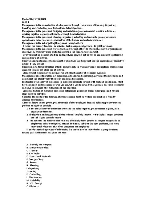 Management Science QUIZ 1A 20230216175727 MANAGEMENT SCIENCE QUIZ 1 Management Is The