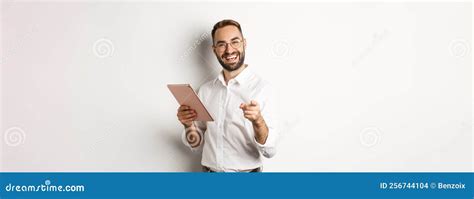 Happy And Satisfied Boss Praising Good Job Reading On Digital Tablet