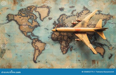 Airplane Model On Vintage World Map Travel Concept Exploration Adventure Geography Aviation
