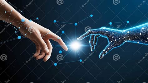 Human Hand Touching Digital Hand Digital And Technological Blue Background Stock Illustration