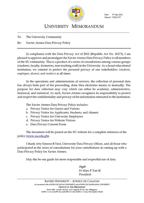 Xavier University Memo U2021 077 — Xavier Ateneo Data Privacy Policy