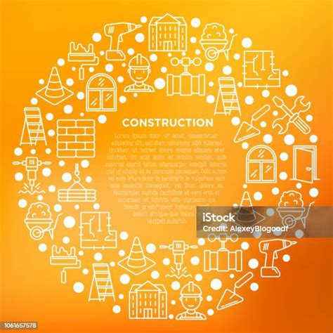 얇은 선 아이콘 원에서 건설 개념 헬멧 작업 도구 벽돌 바닥 계획 배관 드릴 흙 교통 Stepladder 작성기 벡터 일러스트 레이 션 인쇄 미디어 서식 파일 공사장 인부에