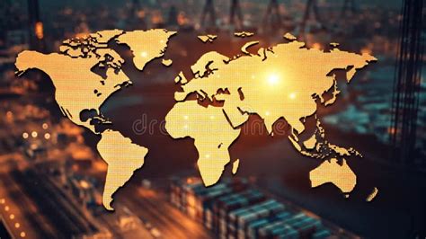 Global Trade Illustrated By A Dotted World Map Over A Container Port