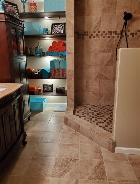 Beautiful Open Shower With Built In Shelves And Half Wall