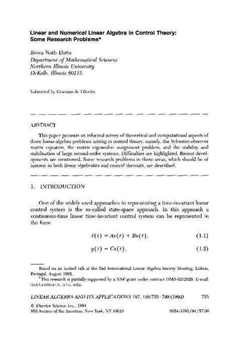 Pdf Linear And Numerical Linear Algebra In Control Theory