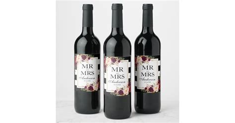Elegant Burgundy Floral Black White Striped Wine Label Zazzle