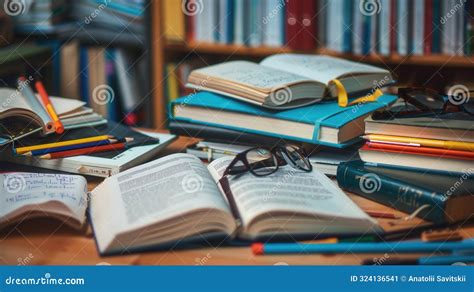 An Organized Desk With Open Textbooks Notebooks Pens And Pencils