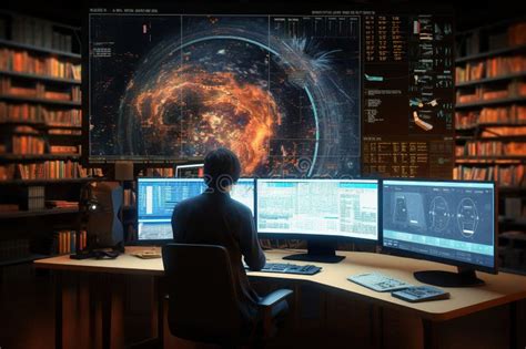 A Man Analysing Data On Multiple Screens In A Control Room Stock Illustration Illustration Of