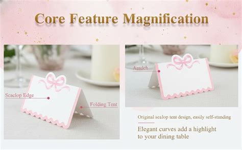 100 Pcs Pink Bow Place Cards 2x35 Inch Scalloped Tent Name Cards With