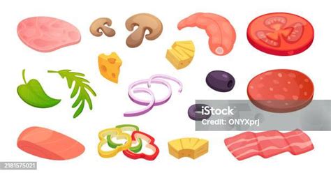 피자 제품 치즈 소시지 야채 페퍼로니 토마토 소스로 맛있는 피자를 준비하기위한 재료 정확한 벡터 이탈리아 음식 건강한 생활방식에 대한 스톡 벡터 아트 및 기타 이미지