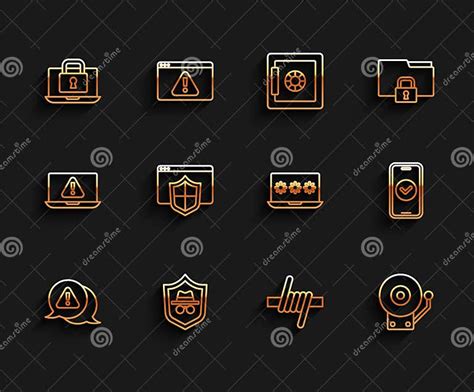 Set Line Exclamation Mark In Triangle Incognito Mode Laptop And Lock Barbed Wire Ringing