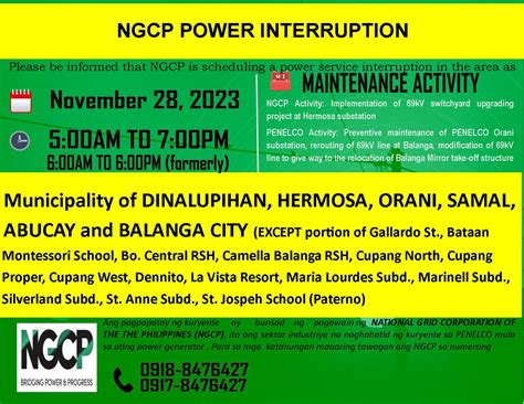 Ngcp Power Interruption Municipalities Of Dinalupihan Hermosa Orani Samal Abucay And