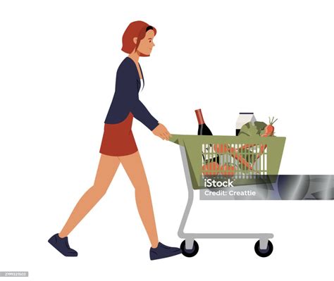 식료품 쇼핑 소매 구매 슈퍼마켓 및 일상 필수품을 상징하는 평면 벡터 일러스트 레이 션에서 쇼핑 카트를 밀고 흰색 배경에 고립 된 여자 가득 찬에 대한 스톡 벡터 아트 및