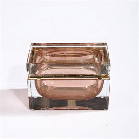 Modernist Hand Blown Murano Glass Box In Smoked Bronze With Brass