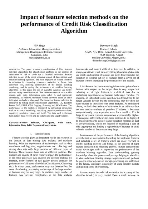 Pdf Impact Of Feature Selection Methods On The Perfromance Of Credit Risk Classification