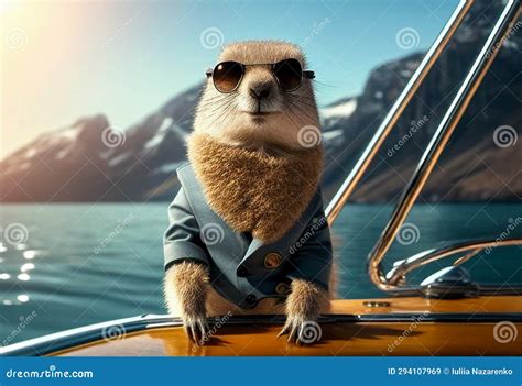 Funny Gopher In A Jacket And Sunglasses Traveling On A Yacht Ai Generated Stock Image Image