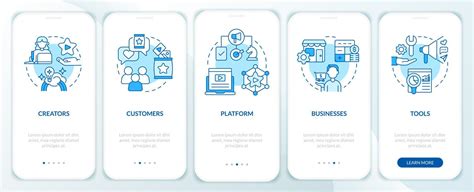 Creator Economy Stakeholders Blue Onboarding Mobile App Screen Walkthrough 5 Steps Editable