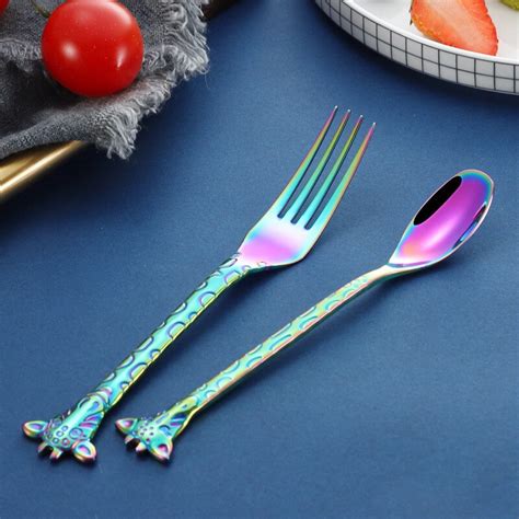 2 Stk Sæt Farverigt Rustfrit Stål Dessert Ske Gaf Grandado