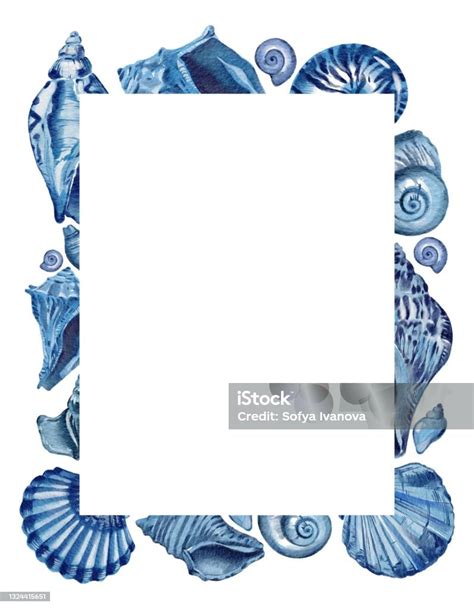 파란색 조개 껍질의 공간 프레임을 복사합니다 바다 조개 수채화 손으로 그린 일러스트 는 배너 포스터 인쇄 엽서 섬유 템플릿 카드 초대에 대한 흰색 배경에 격리 설정 구도에