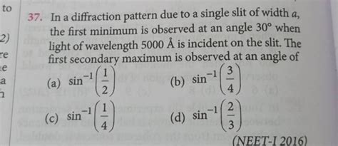 In A Diffraction Pattern Due To A Single Slit Of Width A The First Minim