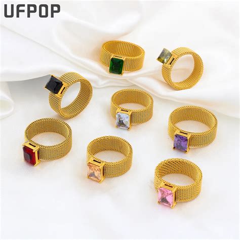 여성을 위한 새로운 럭셔리 메쉬 스테인레스 스틸 지르콘 반지 골드 컬러 방수 패션 주얼리 크리스마스 선물 Aliexpress