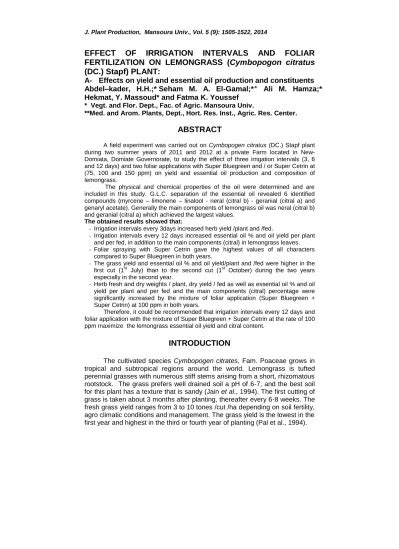 Effect Of Irrigation Intervals And Foliar Fertilization On Lemongrass Cymbopogon Citratus Dc