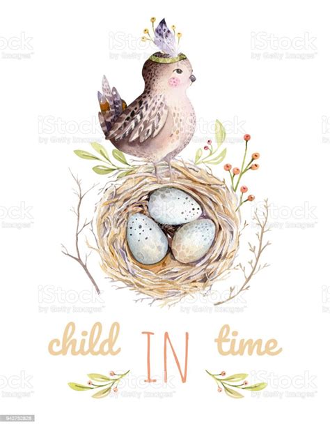 손 그리기 부활절 수채화 비행 만화 새와 나뭇잎 나뭇가지 깃털과 달걀 빈티지 Boho 스타일에서 수채화 봄 예술 그림입니다 보헤미안 자동차 인사말입니다 0명에 대한 스톡