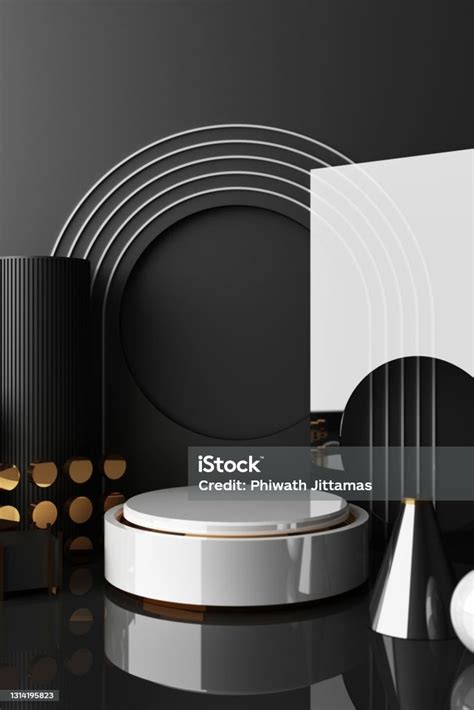 제품 디자인 3d 렌더링 3d 일러스트 수직 프레임에 대한 검은 색 연단과 기하학적 모양 골드와 유리 질감을 모의 0명에 대한 스톡 사진 및 기타 이미지 Istock