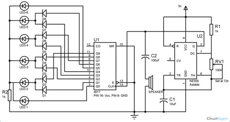 Clock With LED Pendulum And Tick Tock Sound Circuit Diagram