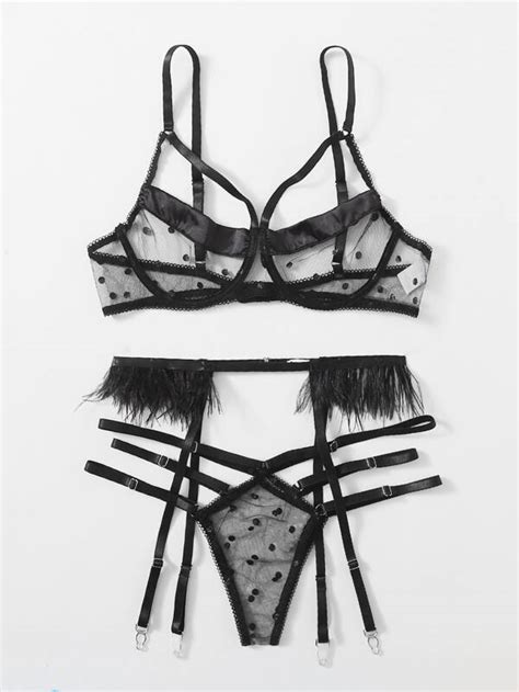 Polka Dot Sheer Mesh Garter Lingerie Set Shein Usa