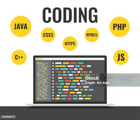 Pemrograman Konsep Pengembangan Web Kode Di Laptop Layar Tempat Kerja Ilustrasi Vektor Ilustrasi