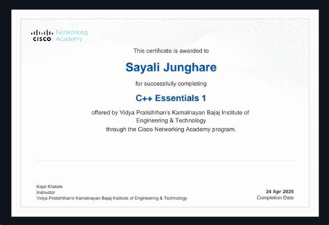 Cplusplus Cisconetworkingacademy Programming Learning Certificate Sayali Junghare