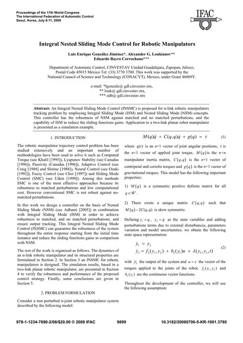 Pdf Integral Nested Sliding Mode Control For Robotic Manipulators